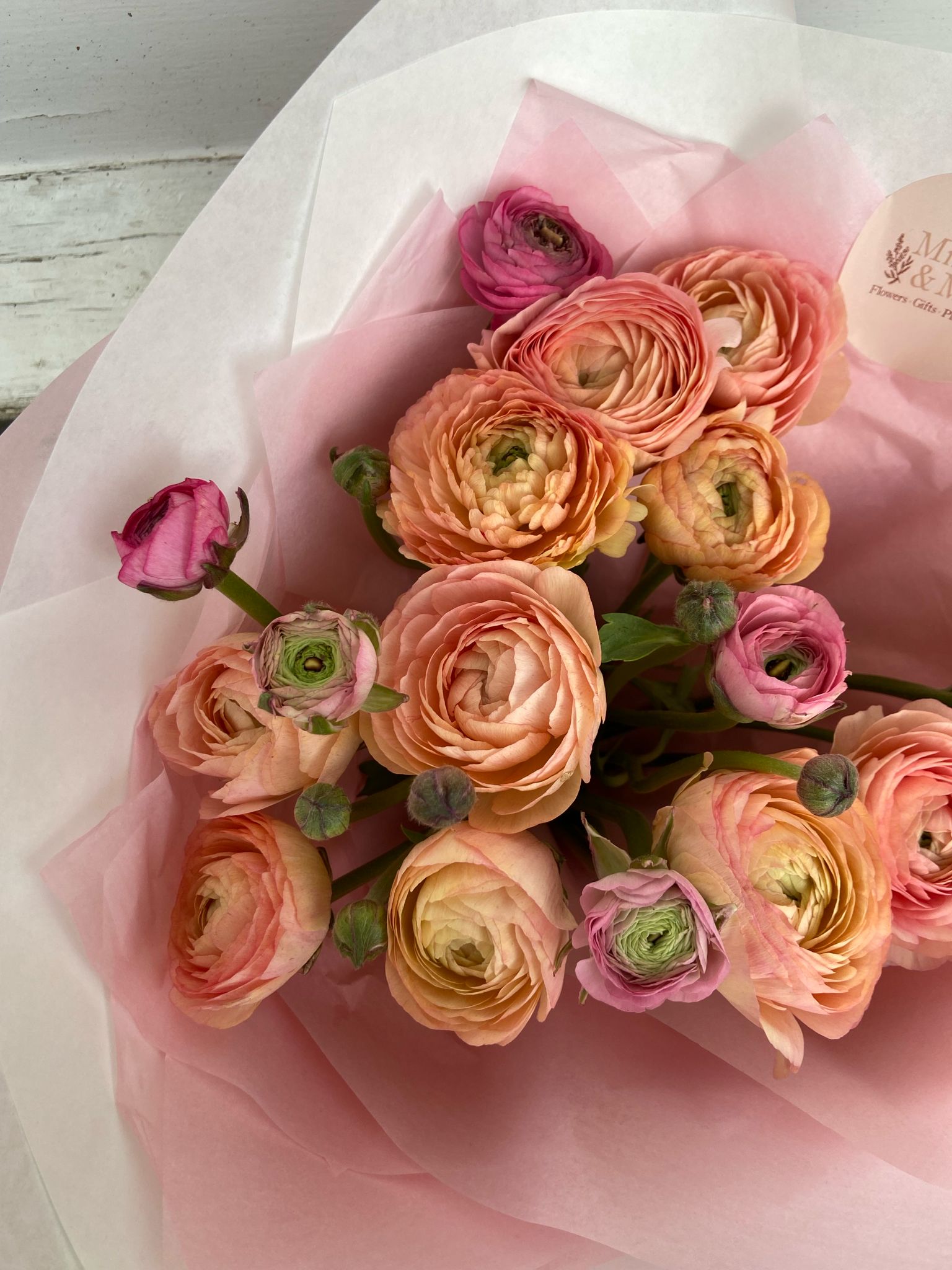 An Armful of Speciality Ranunculus – Mimosa & Moss